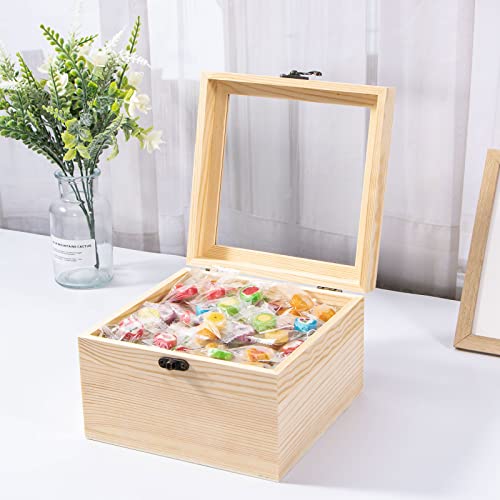 Useekoo Unfinished Wooden Display Box with Glass Top Hinged Lid, 7.9'' x 7.9'' x 4.7'' Small Wood Keepsake Storage Box, DIY Craft Box for Collectibles Jewelry Gift and Home Decorations