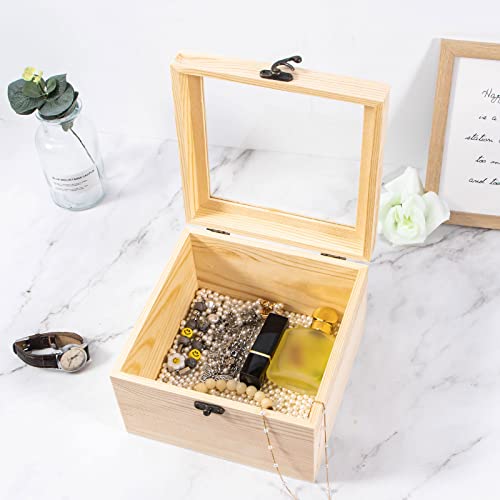 Useekoo Unfinished Wooden Display Box with Glass Top Hinged Lid, 7.9'' x 7.9'' x 4.7'' Small Wood Keepsake Storage Box, DIY Craft Box for Collectibles Jewelry Gift and Home Decorations