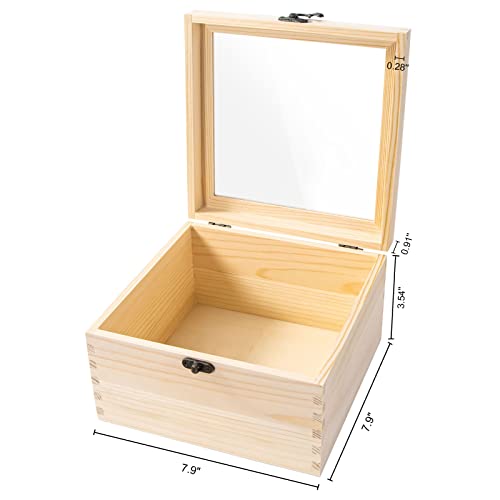 Useekoo Unfinished Wooden Display Box with Glass Top Hinged Lid, 7.9'' x 7.9'' x 4.7'' Small Wood Keepsake Storage Box, DIY Craft Box for Collectibles Jewelry Gift and Home Decorations