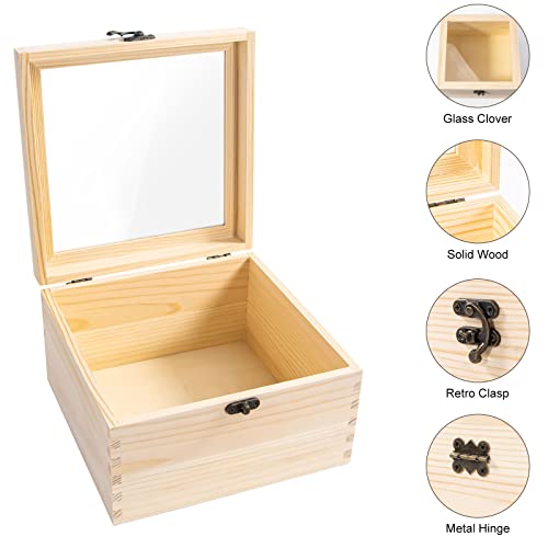 Useekoo Unfinished Wooden Display Box with Glass Top Hinged Lid, 7.9'' x 7.9'' x 4.7'' Small Wood Keepsake Storage Box, DIY Craft Box for Collectibles Jewelry Gift and Home Decorations