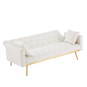 DNChuan Velvet Futon Sofa Bed,3 Seater/Plus-Loveseat Sleeper Sofa,Button Tufted with 2 Pillows and Gold Metal Legs, Easy Assembly-Off White