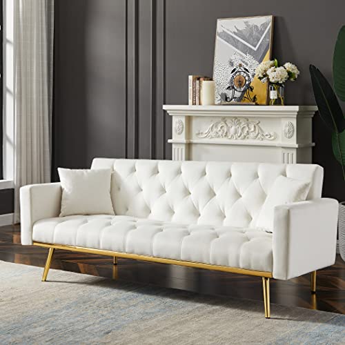 DNChuan Velvet Futon Sofa Bed,3 Seater/Plus-Loveseat Sleeper Sofa,Button Tufted with 2 Pillows and Gold Metal Legs, Easy Assembly-Off White