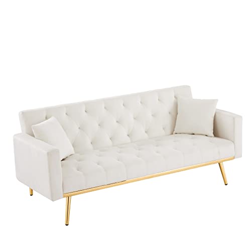 DNChuan Velvet Futon Sofa Bed,3 Seater/Plus-Loveseat Sleeper Sofa,Button Tufted with 2 Pillows and Gold Metal Legs, Easy Assembly-Off White