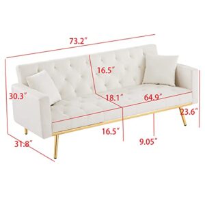 DNChuan Velvet Futon Sofa Bed,3 Seater/Plus-Loveseat Sleeper Sofa,Button Tufted with 2 Pillows and Gold Metal Legs, Easy Assembly-Off White