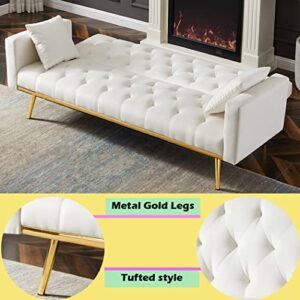 DNChuan Velvet Futon Sofa Bed,3 Seater/Plus-Loveseat Sleeper Sofa,Button Tufted with 2 Pillows and Gold Metal Legs, Easy Assembly-Off White