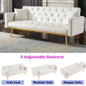 DNChuan Velvet Futon Sofa Bed,3 Seater/Plus-Loveseat Sleeper Sofa,Button Tufted with 2 Pillows and Gold Metal Legs, Easy Assembly-Off White