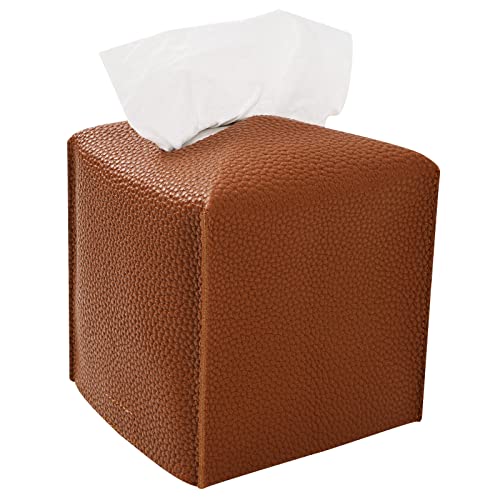 MecTo Tissue Box Cover, Square PU Leather Tissue Box Holder, Modern Tissue Case Facial Paper Cube Tissue Holder Decorative for Bathroom Vanity Countertop, Night Stands, Car, Office (5"x5"x5'', Camel)