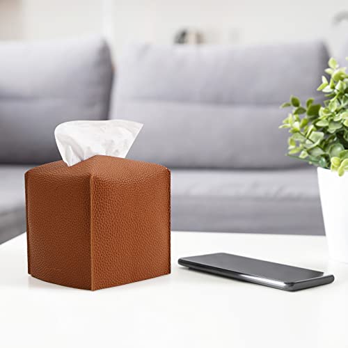 MecTo Tissue Box Cover, Square PU Leather Tissue Box Holder, Modern Tissue Case Facial Paper Cube Tissue Holder Decorative for Bathroom Vanity Countertop, Night Stands, Car, Office (5"x5"x5'', Camel)