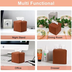 MecTo Tissue Box Cover, Square PU Leather Tissue Box Holder, Modern Tissue Case Facial Paper Cube Tissue Holder Decorative for Bathroom Vanity Countertop, Night Stands, Car, Office (5"x5"x5'', Camel)