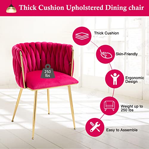 NIOIIKIT Modern Velvet Dining Chairs Set of 2 Hand Weaving Accent Upholstered Side Chair with Golden Metal Legs for Dining Room Kitchen Vanity Living Room (Rosered)