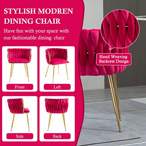 NIOIIKIT Modern Velvet Dining Chairs Set of 2 Hand Weaving Accent Upholstered Side Chair with Golden Metal Legs for Dining Room Kitchen Vanity Living Room (Rosered)