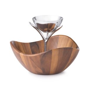 everyday solutions vine series acacia wood chip and dip server durable acacia wood bowl with polished cast alloy dip holder - elegant design