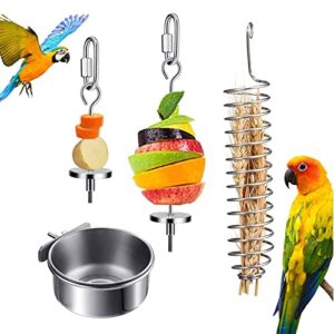 phantomsky 4pcs bird treat skewer food holder, bird hanging stainless steel parrot fruit vegetable food feeder holder cage parakeets budgie foraging toy include 2 fruit fork 1 food basket 1 water bowl