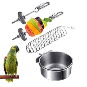 PhantomSky 4PCS Bird Treat Skewer Food Holder, Bird Hanging Stainless Steel Parrot Fruit Vegetable Food Feeder Holder Cage Parakeets Budgie Foraging Toy Include 2 Fruit Fork 1 Food Basket 1 Water Bowl