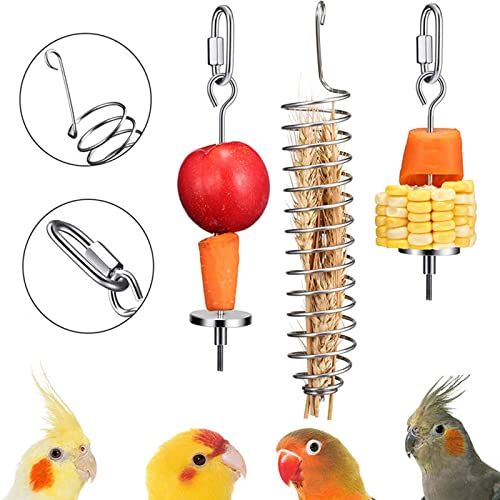 PhantomSky 4PCS Bird Treat Skewer Food Holder, Bird Hanging Stainless Steel Parrot Fruit Vegetable Food Feeder Holder Cage Parakeets Budgie Foraging Toy Include 2 Fruit Fork 1 Food Basket 1 Water Bowl