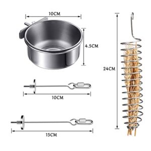 PhantomSky 4PCS Bird Treat Skewer Food Holder, Bird Hanging Stainless Steel Parrot Fruit Vegetable Food Feeder Holder Cage Parakeets Budgie Foraging Toy Include 2 Fruit Fork 1 Food Basket 1 Water Bowl