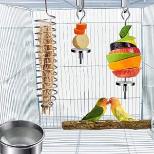 PhantomSky 4PCS Bird Treat Skewer Food Holder, Bird Hanging Stainless Steel Parrot Fruit Vegetable Food Feeder Holder Cage Parakeets Budgie Foraging Toy Include 2 Fruit Fork 1 Food Basket 1 Water Bowl