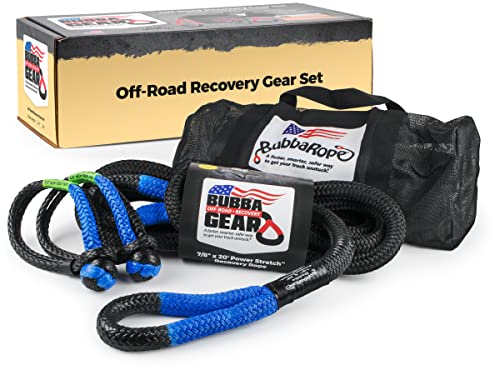 Bubba Rope Off-Road Truck Recovery Gear Set – Heavy-Duty Vehicle Tow Kit: Power Stretch Recovery Rope, 7/8” x 20’ - NexGen PRO Gator-Jaw Synthetic Shackles, 3/8” x 6.5” - Blue