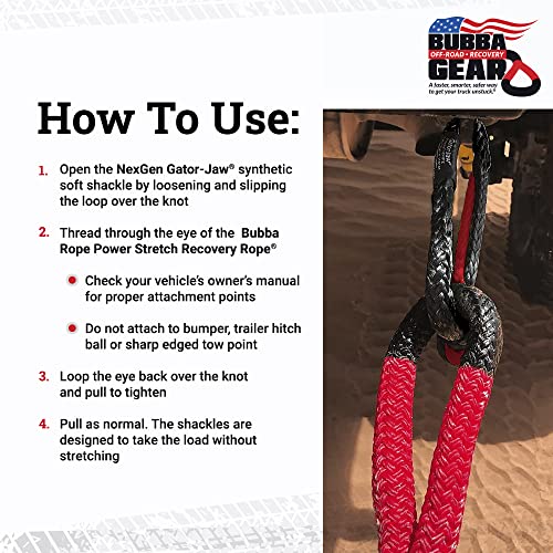 Bubba Rope Off-Road Truck Recovery Gear Set – Heavy-Duty Vehicle Tow Kit: Power Stretch Recovery Rope, 7/8” x 20’ - NexGen PRO Gator-Jaw Synthetic Shackles, 3/8” x 6.5” - Blue