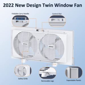 Shinic 9 Inch Twin Window Fan Reversible Airflow Control, 2 Speeds Window Exhaust Fan with Auto-locking Expenders and Foldable Handle, ETL Listed, Household Window Fan Fits 22"-33" ​Window