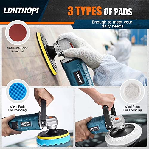 LDHTHOPI Buffer Polisher, 1600W 7 Inch/6 Inch Rotary Buffer Polisher Waxer, 7 Variable Speed 1000-3500 RPM, Detachable Handle for Car, Boat Sanding, Polishing, Waxing