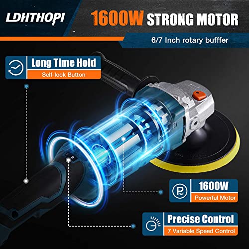 LDHTHOPI Buffer Polisher, 1600W 7 Inch/6 Inch Rotary Buffer Polisher Waxer, 7 Variable Speed 1000-3500 RPM, Detachable Handle for Car, Boat Sanding, Polishing, Waxing