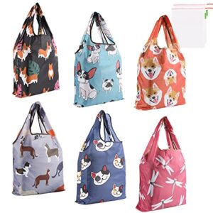 oriveegyo reusable grocery bags, 6-pack dog cat animal print recycle shopping bags, handmade nylon fabric market shopper shoulder tote bags (bonus 2 mesh produce bags) multi-color