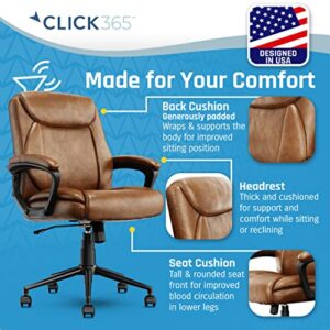 Click365 Transform 1.0 Extra Comfort Ergonomic Mid Back Desk Chair, with Padded armrests, Adjustable-Height, Tilt, Lumbar Support, Bonded Leather, Cognac