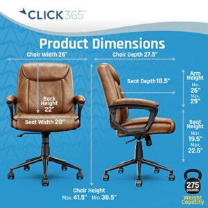 Click365 Transform 1.0 Extra Comfort Ergonomic Mid Back Desk Chair, with Padded armrests, Adjustable-Height, Tilt, Lumbar Support, Bonded Leather, Cognac