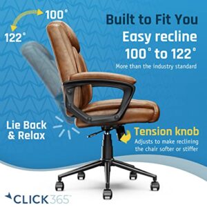 Click365 Transform 1.0 Extra Comfort Ergonomic Mid Back Desk Chair, with Padded armrests, Adjustable-Height, Tilt, Lumbar Support, Bonded Leather, Cognac