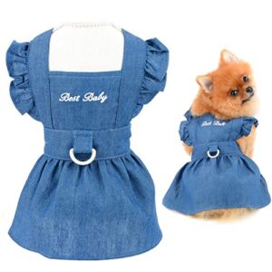 smalllee_lucky_store dog denim harness dress, ruffles puppy princess dress for small medium dog cat girls adjustable pet jean skirt with d-ring female dog clothes summer apparel,dark blue,xs