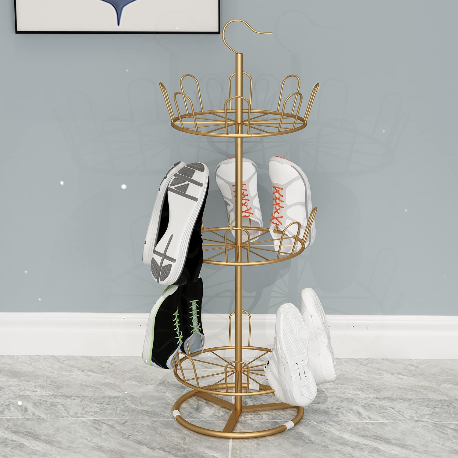 OLDRAINBOW Revolving Shoe Rack Iron Shoe Tree Rack,Standing Circular Shoe Rack Rotating Shoe Rack,Spinning Round Shoe Organizer Rack (Gold, 3-Layer)