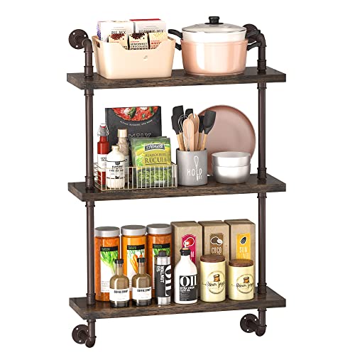 PUSDON Industrial Pipe Shelving Wall Mounted 24 Inch, 3 Tier Bathroom Floating Shelves Bronze Metal, Wood Hanging Storage Bookshelf, Heavy Duty Sturdy Rack for Home Office Garage Farmhouse Bar