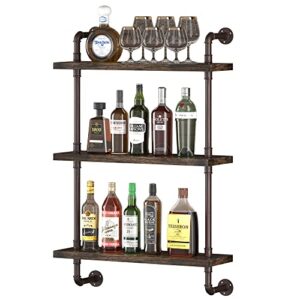 PUSDON Industrial Pipe Shelving Wall Mounted 24 Inch, 3 Tier Bathroom Floating Shelves Bronze Metal, Wood Hanging Storage Bookshelf, Heavy Duty Sturdy Rack for Home Office Garage Farmhouse Bar