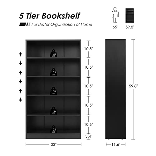 Soohow Modern 5-Tier Shelf Bookcase Storage Bookshelve with Adjustable Shelves for Living Study Room,Black