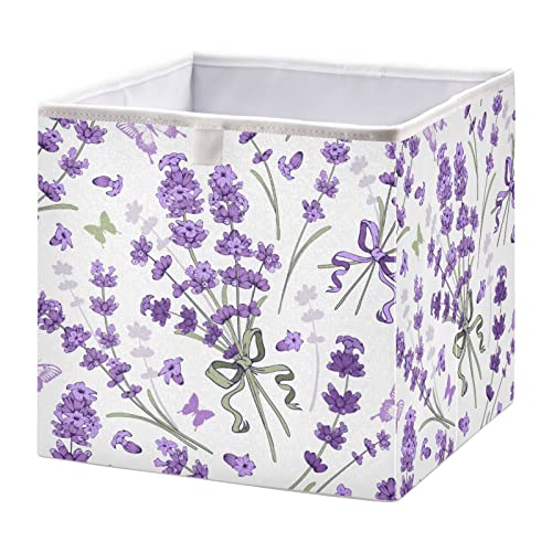 Kigai Storage Basket Cubes 11 In,Purple Lavender Flowers Foldable Fabric Bins Shelves Toy Storage Box Closet Organizers for Nursery,Utility Room, Storage Room