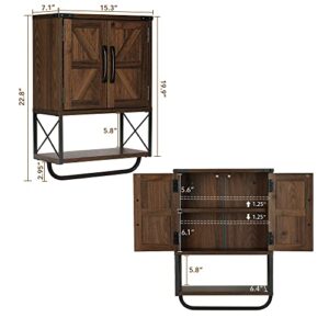 RUSTOWN Farmhouse Rustic Medicine Cabinet with Two Barn Door,Wood Wall Mounted Storage Cabinet with Adjustable Shelf and Towel Bar, 3-Tier Bathroom Cabinet for Bathroom, Living Room (Dark Walnut)