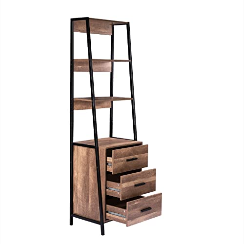 Parker Industrial Ladder Shelf Bookcase with 3 Drawers and 4 Open Shelves Ladder Bookshelf, Wooden Ladder Shelves with Metal Frame, Freestanding Display Bookcase for Living Room, Home Office, Walnut