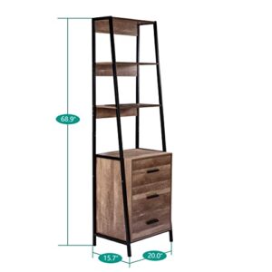 Parker Industrial Ladder Shelf Bookcase with 3 Drawers and 4 Open Shelves Ladder Bookshelf, Wooden Ladder Shelves with Metal Frame, Freestanding Display Bookcase for Living Room, Home Office, Walnut