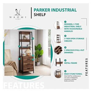 Parker Industrial Ladder Shelf Bookcase with 3 Drawers and 4 Open Shelves Ladder Bookshelf, Wooden Ladder Shelves with Metal Frame, Freestanding Display Bookcase for Living Room, Home Office, Walnut