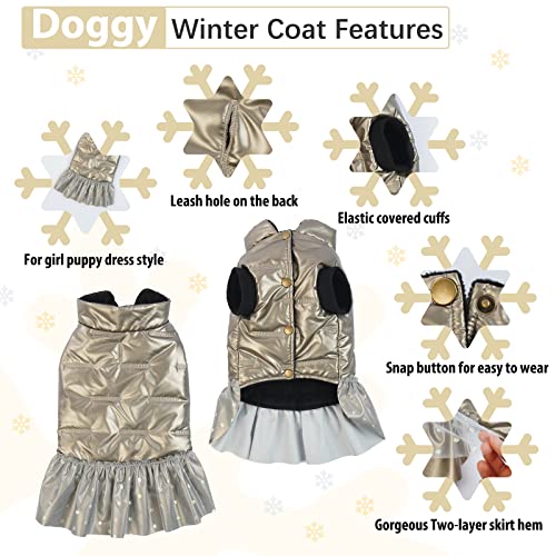 BRKURLEG Small Dog Cold Weather Coats,Gold Winter Doggie Jacket for xs s Medium Dogs Girl,Fleece Cozy Warm Padded Skirt for Puppy Thick Vest Dress,Water Resistant Snowsuit for Chihuahua Poodle Shihtzu