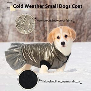 BRKURLEG Small Dog Cold Weather Coats,Gold Winter Doggie Jacket for xs s Medium Dogs Girl,Fleece Cozy Warm Padded Skirt for Puppy Thick Vest Dress,Water Resistant Snowsuit for Chihuahua Poodle Shihtzu