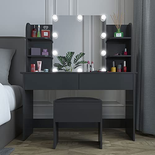 AVZEAR Vanity Set with LED Lighted Mirror, Large Vanity Dressing Table with Cushioned Stool Makeup Vanity Mirror with Lights, Black