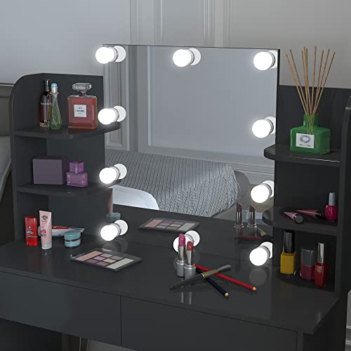 AVZEAR Vanity Set with LED Lighted Mirror, Large Vanity Dressing Table with Cushioned Stool Makeup Vanity Mirror with Lights, Black