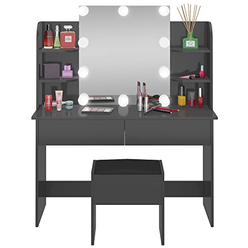 AVZEAR Vanity Set with LED Lighted Mirror, Large Vanity Dressing Table with Cushioned Stool Makeup Vanity Mirror with Lights, Black