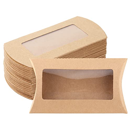 ISKYBOB 50 Pieces Kraft Paper Pillow Candy Boxes, 5 x 3in Small Treat Gift Box with Clear Windows Rustic Party Favors Packaging for Wedding, Baby Shower, Birthday