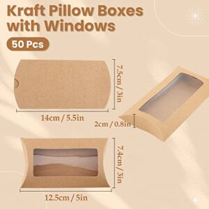 ISKYBOB 50 Pieces Kraft Paper Pillow Candy Boxes, 5 x 3in Small Treat Gift Box with Clear Windows Rustic Party Favors Packaging for Wedding, Baby Shower, Birthday