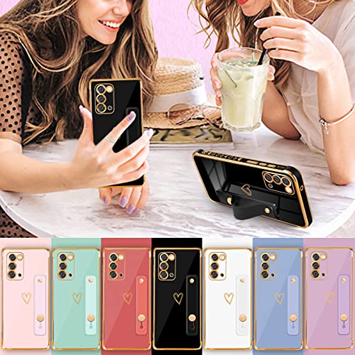 Likiyami (3in1 for Samsung Galaxy Note 20 Case Heart Women Girls Cute Girly Aesthetic Trendy Luxury Pretty with Loop 5G Phone Cases Black and Gold Plating Love Hearts Cover+Screen+Chain -6.7 inch