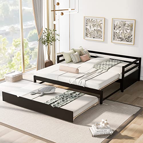 Merax Wood Daybed with Pop Up Trundle Twin to King Triple Sofa Bed for Kids Teens Adults/No Box Spring Needed Espresso