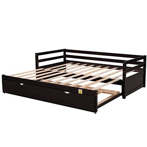 Merax Wood Daybed with Pop Up Trundle Twin to King Triple Sofa Bed for Kids Teens Adults/No Box Spring Needed Espresso